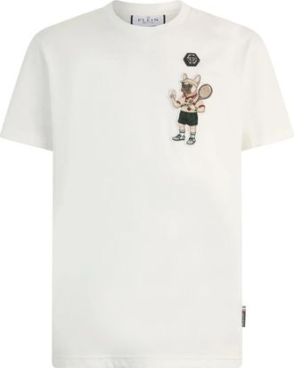 Philipp Plein Homme, Tops, Beige, Taille: XL T-Shirt Col Rond Patch New York Tennis