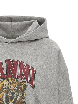 Ganni Tiger-Graphic Cotton Hoodie - Grey