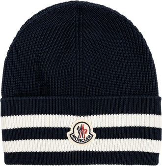 Moncler Gestreifte Beanie mit Logo-Patch - Blau
