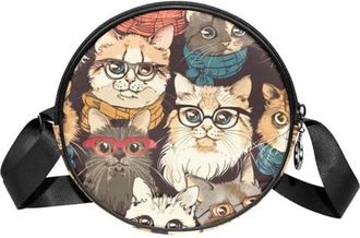 Generic Sac &agrave; bandouli&egrave;re rond pour femme, petit sac &agrave; bandouli&egrave;re hipster, motif chats mignons avec fermeture &eacute;clair, bretelles r&eacute;glables, sac &agrave; main rond d&eacute;