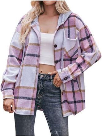 Generic Vestes pour femmes 2026 Veste &agrave; capuche en laine douce d&eacute;contract&eacute;e coupe ample &agrave; carreaux avec cordon de serrage pour lautomne boutonn&eacute; chemises &agrave; ma