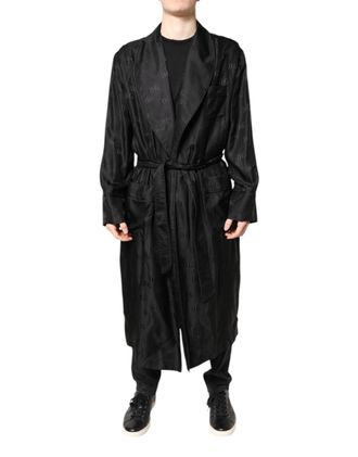 Dolce & Gabbana Black Silk Dg Logo Men Wrap Robe Coat Jacket Clothing