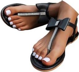 Generic Sandales pour femme avec bride en T et bout ouvert - Style boh&egrave;me - Style boh&egrave;me - Chaussures d&eacute;t&eacute; - Strass - Fleur - Tongs de plage - Tongs de plage 