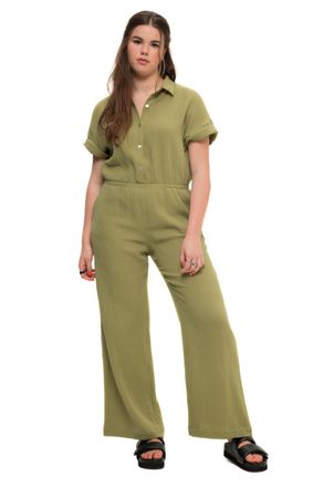 STUDIO UNTOLD Damen große Größen Übergrößen Plus Size Jumpsuit, Musselin, elastische Taille, Halbarm, weites Bein hellkhaki 50+ 830007634-50+