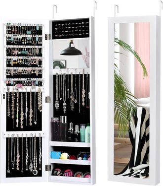 Costway Armoire à Bijoux Murale-Suspendue avec Miroir Antidéflagrant, Fermeture Magnétique, 3 Étagères, Blanc, 31,5 x 8,7 x 110 cm - Costway
