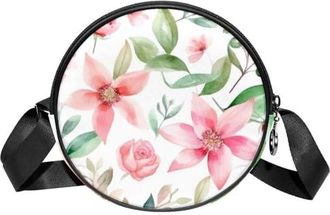 Generic Petit sac &agrave; bandouli&egrave;re circulaire pour femme, motif feuilles florales, sac &agrave; dos avec fermeture &eacute;clair, bretelles r&eacute;glables, sac &agrave; main rond d&eacute;contra