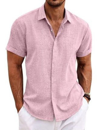 Coofandy Chemises d&eacute;t&eacute; Hommes Lin Manches Courtes Casual Plage Vacances Chemise Boutonn&eacute;e Rose XXL