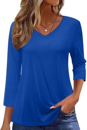Onsoyours Shirt 3/4 Arm Damen Tshirt V-Ausschnitt Pullover Sommer Herbst Oberteile Casual Longshirt Basic Shirt A Blau XXL