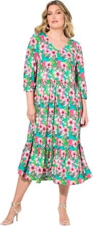 Miamoda Damen gro&szlig;e Gr&ouml;&szlig;en &Uuml;bergr&ouml;&szlig;en Plus Size Midikleid, A-Linie, Bl&uuml;tenmuster, Zierband, 3/4-&Auml;rmel rosa 48 834008809-48