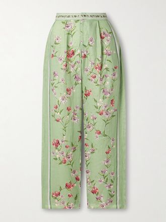 Agua Bendita Pantalon Fusel&eacute; En Lin &Agrave; Imprim&eacute; Fleuri, Broderies Et Plis Florecer Honeysuckle - Vert
