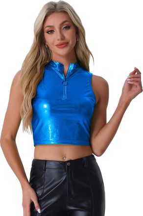 Allegra K Damen Tanktop &Auml;rmellos Rei&szlig;verschluss Metallic Oberteil Party Holographic Crop Top Bluse K&ouml;nigsblau M