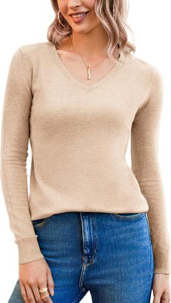Zeagoo Pullover Damen mit v-Ausschnitt f&uuml;r Frauen Winter Casual Pulli L&auml;ssig Stil Strickpullover Elegant Lightweight Pulli Strickwaren Oberteile Beige L