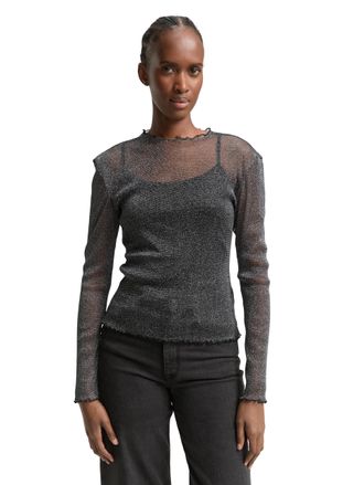 Tom Tailor Damen 1048978 Mesh Langarmshirt mit Glitzer-Effekt, 39234-Black with Silver, XL