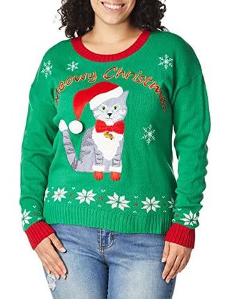 Blizzard Bay Damen Womens Ugly Christmas Cat Sweater Pullover, Gr&uuml;ne Gl&ouml;ckchen, Mittel