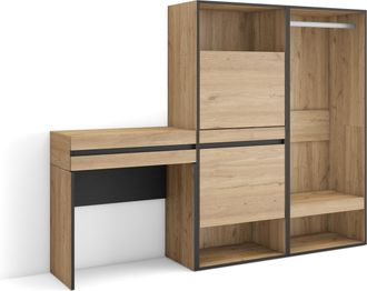 Skraut Home | Konsolentisch, Flurtisch | Beistelltisch für Eingang | 190x145x35 cm | mit Schublade | Schuhschrank | Offener Kleiderschrank | Moderner Stil | Eiche