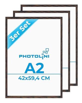 Photolini Cadre A2 42 x 59,4 bois MDF ch&ecirc;ne fonc&eacute;, lot de 3 cadres photo pour posters et affiches, verre acrylique incassable, d&eacute;coration murale &agrave; suspendre, av