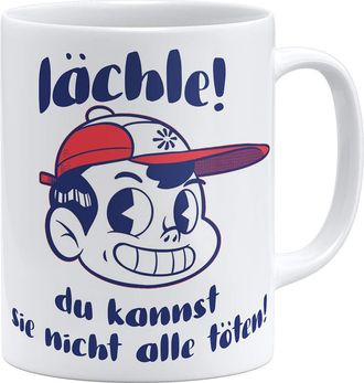 OM3 L&auml;chle du kannst sie nicht alle t&ouml;ten Kaffee-Tasse mit Spruch - Keramik Becher - 11oz 325ml - Beidseitig Bedruckt - Weiss