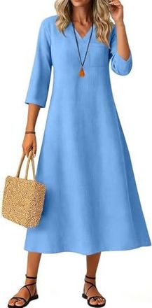 Generic Robe longue en lin pour femme - Col en V - Manches 3/4 - Solide - Longue robe d&eacute;t&eacute; - Tenue de vacances pour la plage et les voyages, bleu ciel, XXL