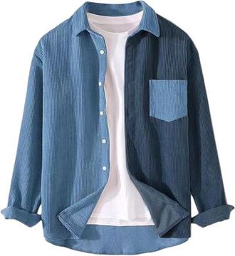 Generic DENGJIAMY Chemise &agrave; manches longues en velours c&ocirc;tel&eacute; pour homme - Chemise boutonn&eacute;e d&eacute;contract&eacute;e &agrave; col - V&ecirc;tements tendance avec poche, bleu, XXL