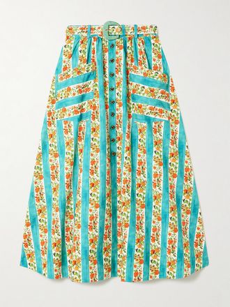 Saloni Jupe Midi En Popeline De Coton À Imprimé Fleuri, Rayures Et Ceinture Kirat - Bleu