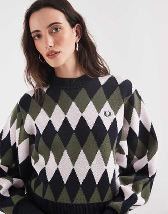 Fred Perry Pullover aus Jacquardstrick mit Rautenmuster in Marineblau