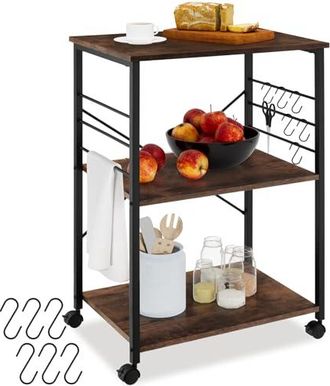 TecTake TecTake Desserte &agrave; roulettes 65,5 x 45,5 x 88,5 cm, Servante &agrave; 3 Niveaux et 6 Crochets pour Accessoires Chariot de Service Desserte de Cuisine roulett