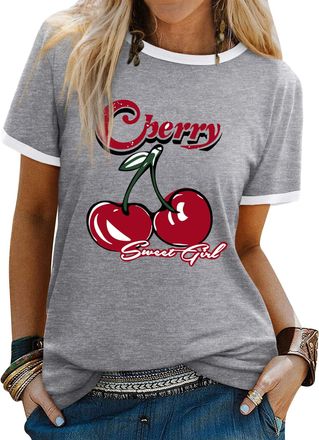 Dresswel Tshirt Damen Sweet Girl Cherry Druck Kurzarm T-Shirt Sommer Oberteile Tops Rundhals Bedruckte L&auml;ssig Tee Shirts