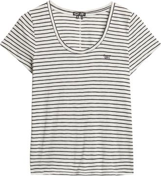 Superdry Damen Studios T-Shirt mit tiefem Ausschnitt Weiß/Dunkles Marineblau Gestreift 46