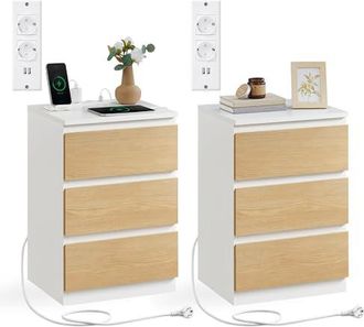 Vasagle Kailyn Collection - Nachttisch mit Steckdosenleiste, 2er Set, Beistelltisch, 3 Schubladen, 2 AC-Steckdosen, 2 USB-A-Anschl&uuml;sse, modern, wolkenwei&szlig;-man