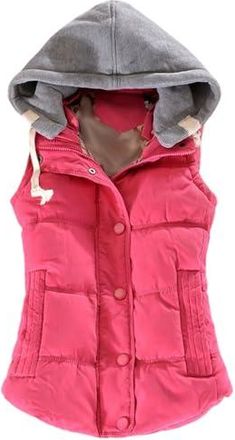 Generic Gilet &agrave; capuche sans manches pour femme - Veste dhiver courte &agrave; capuche avec cordon de serrage et bouton de fermeture &eacute;clair, rose rouge, 4XL
