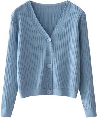 Generic Cardigan &agrave; simple boutonnage pour femme - Col en V - Pour lhiver, bleu, Taille Unique