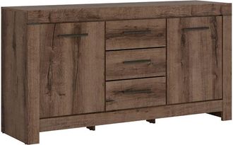 PEGANE Commode Buffet &agrave; 2 portes et 3 tiroirs, coloris Ch&ecirc;ne marron fonc&eacute; - Longueur 160 x Profondeur 45 x Hauteur 85 cm