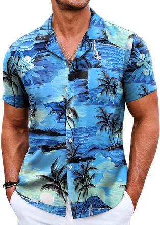 Coofandy Hawaiihemd Herren Kurzarm B&uuml;gelfrei Hemd Slim Fit Sommerhemd Herren Freizeithemden Blumen Urlaub Strand Hemd Blau Kokospalme XXL