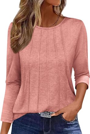 Onsoyours Shirt Damen 3/4 Arm Rundhals Mit Falten Tshirt Leichte Pullover Sommer Herbst Oberteile Casual Basic T-Shirts A Koralle XXL