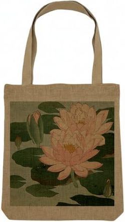 Fabulous Sac Shopping Tote Bag Aspect Lin - Fleur de Lotus Estampe Japonaise Illustration Japon Traditionel Art Motif - Sac de Courses Toile Epaisse 360g Beige