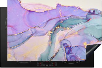 MuchoWow Herdabdeckplatte Ceranfeld Spritzschutz Küche Gold - Marmor - Lila 81x52 cm Induktionsherd Abdeckung Induktionskochfeld Ceranfeldabdeckung