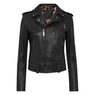 Philipp Plein Femme, Vestes, Noir, Taille: 40 FR Leather Biker Iconic