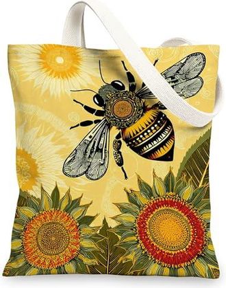 Generic Sac fourre-tout en toile motif abeille, respectueux de lenvironnement, réutilisables, sacs dépicerie légers, jaunes, 33 x 38 cm