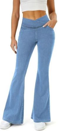 Generic Jean décontracté délavé taille haute avec poche croisée et clochette taille haute, pantalon de yoga tendance, bleu, 3XL