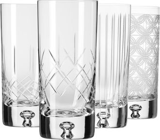 Krosno Wasser-, Saft- & Longdrinkgl&auml;ser 300 ml - 4er Set - Saga Kollektion - 4 Verschiedene Schliffe - Handgefertigt & Geschliffen - Kristallglas - Geschenk