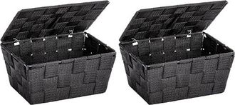WENKO Badkorb mit Deckel Mod. Adria moderne Aufbewahrungsbox f&uuml;r Bad und Haushalt in edlem Schwarz aus Polypropylen Ma&szlig;e 19 x 10 x 14 cm (Packung mit 2)