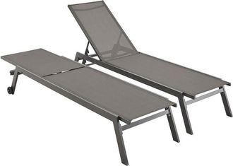 Sweeek Lot de 2 bains de soleil ELSA en aluminium et textilène. transats multi positions avec roulettes Anthracite / Gris taupe