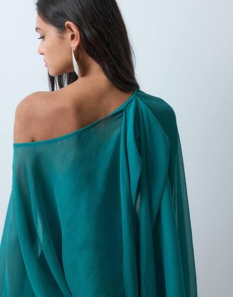 Asos robe longue cape en mousseline &agrave; &eacute;paules nues avec &eacute;charpe, vert canard-Bleu