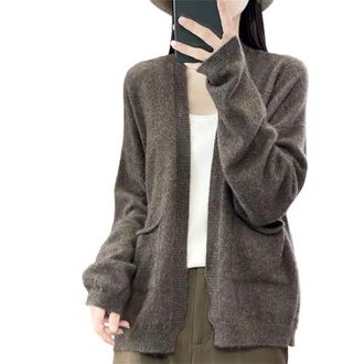 Generic Cardigan tricot&eacute; en laine fine m&eacute;lang&eacute;e &agrave; col en V sans boucle pour femme, Brun, XS