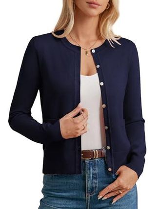 Grace Karin Cardigan &agrave; manches longues pour femme - Col rond ouvert sur le devant - Cardigan l&eacute;ger - Bol&eacute;ros basiques avec poche, bleu fonc&eacute;, XL