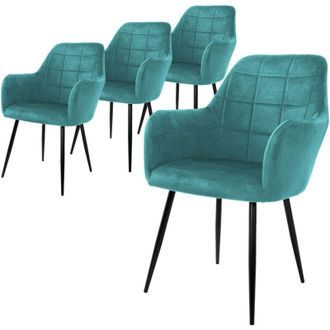 ML Design ECD Germany Set 4x Chaises de Salle &agrave; Manger P&eacute;trole, Style Moderne/Retro, Dossier et Accoudoirs Rembourr&eacute;e Aspect Velours, Pieds en M&eacute;tal Noir
