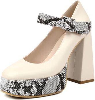 Generic Qynthra Escarpins Mary Jane Grande Taille imprim&eacute; Serpent Femme Bout Rond Talon Bloc Plateau avec Bride Cheville pour Printemps Automne et Usage Quoti
