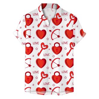 Generic Herren Valentinstag Hemd Kurzarm Herz Amor Schl&uuml;ssel Druck Bunt Hawaiihemd M&auml;nner Button-Down Strandhemd Sommer Freizeit Party Top Regular Fit Lustige