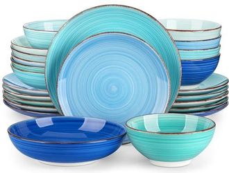 VANCASSO BONITA Assiettes Service de Table 24 Pi&egrave;ces pour 6 Personnes en Gr&egrave;s - 6 Assiettes Plates, 6 Dessert, 6 Creuses et 6 Bols, Style Bleu, Compatible Lave