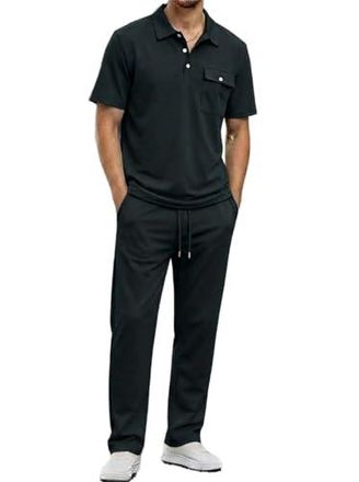 Generic Tenue d&eacute;contract&eacute;e &agrave; manches courtes pour homme avec chemise et pantalon de couleur unie 2 pi&egrave;ces avec poches, Noir, 3XL